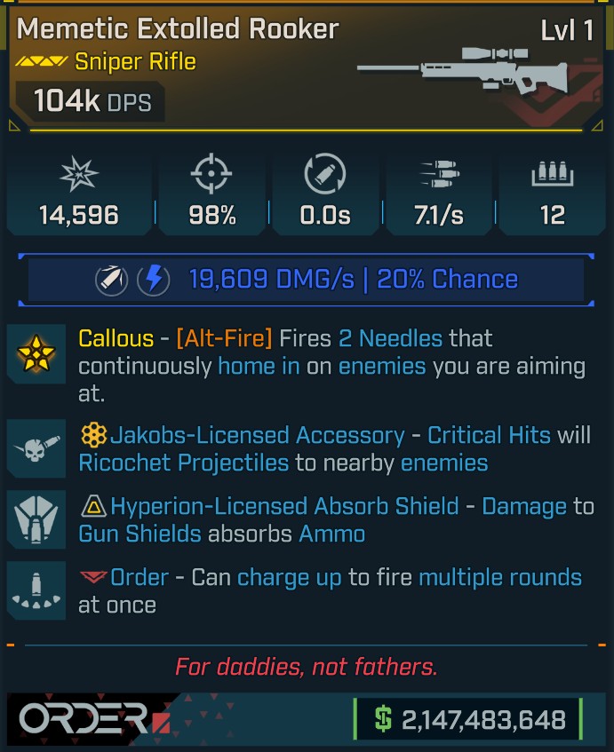 BL4 Rooker L1 Modded – 104K DPS Legendary Sniper Rifle